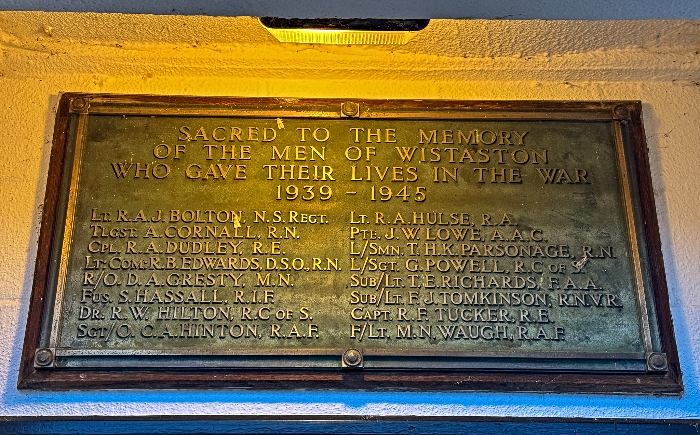 The permanently illuminated WW2 plaque above Wistaston Memorial Hall’s ...